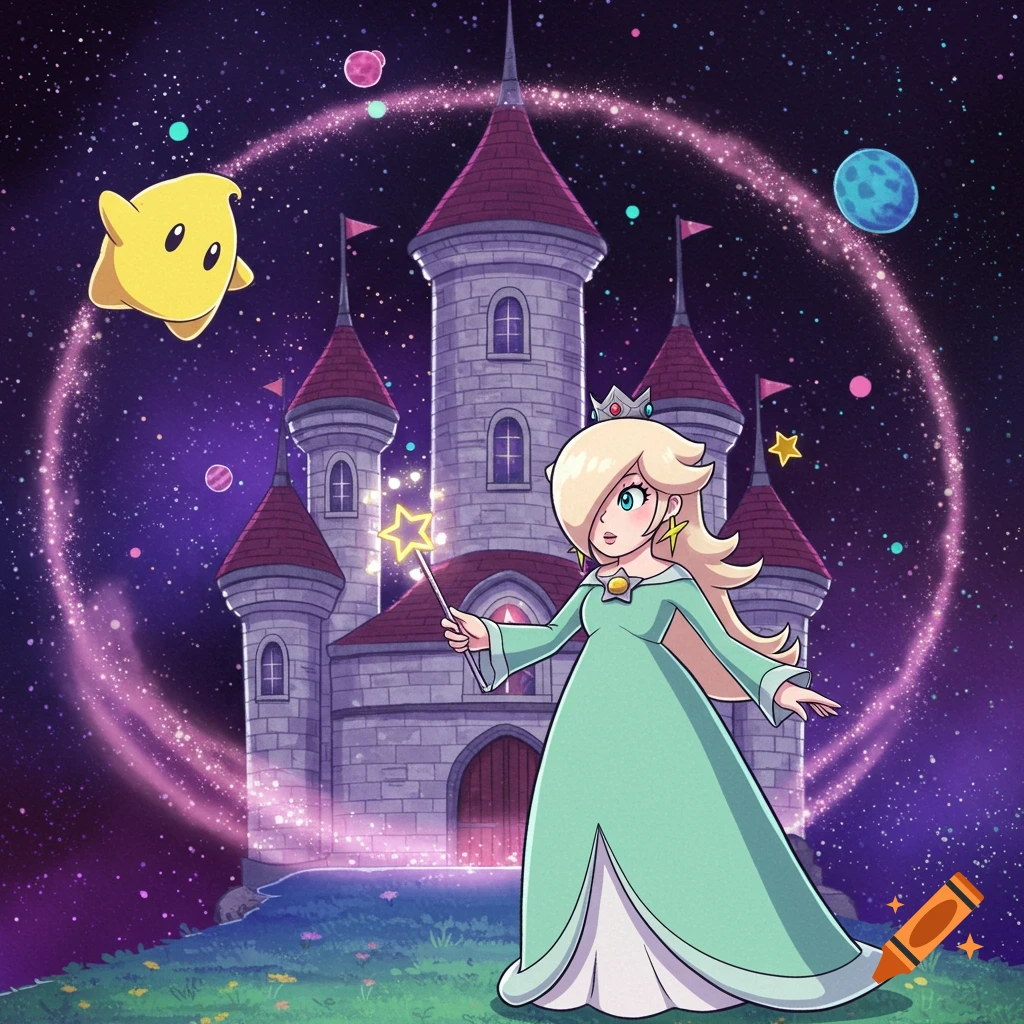 Princess Rosalina with wand outside galactic castle, anime style on Craiyon