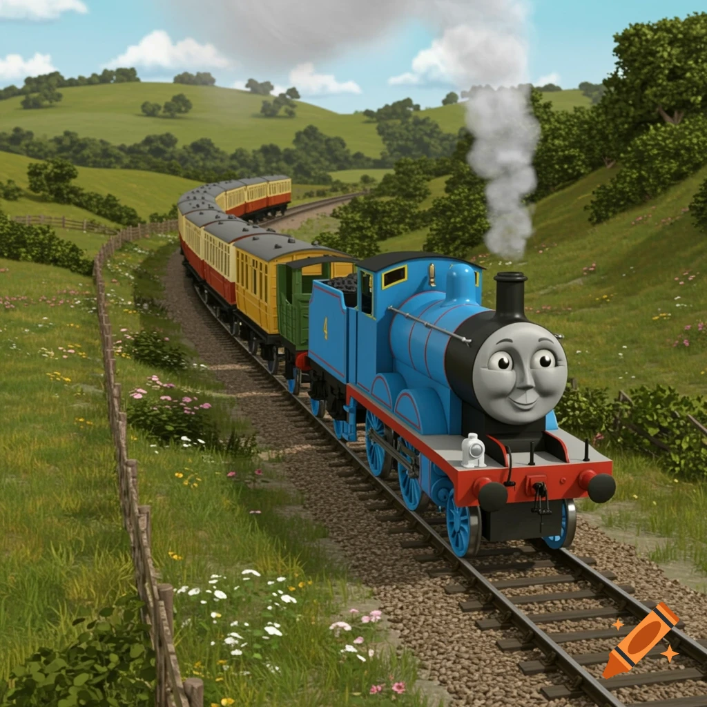 Cartoon of Thomas the Tank Engine working on a computer in an office, surrounded by stick ...