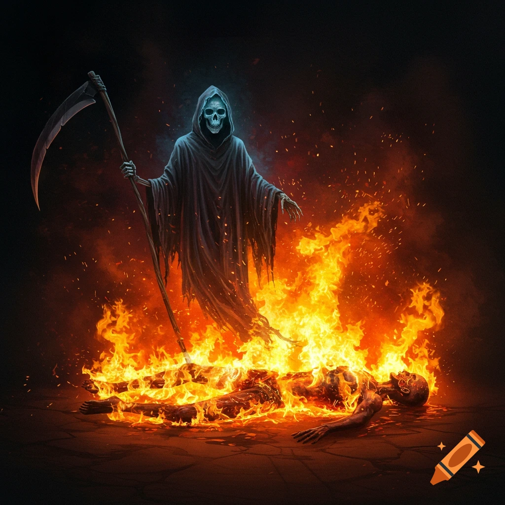 Ghost of the Grim Reaper leaving body surrounded by fire on Craiyon