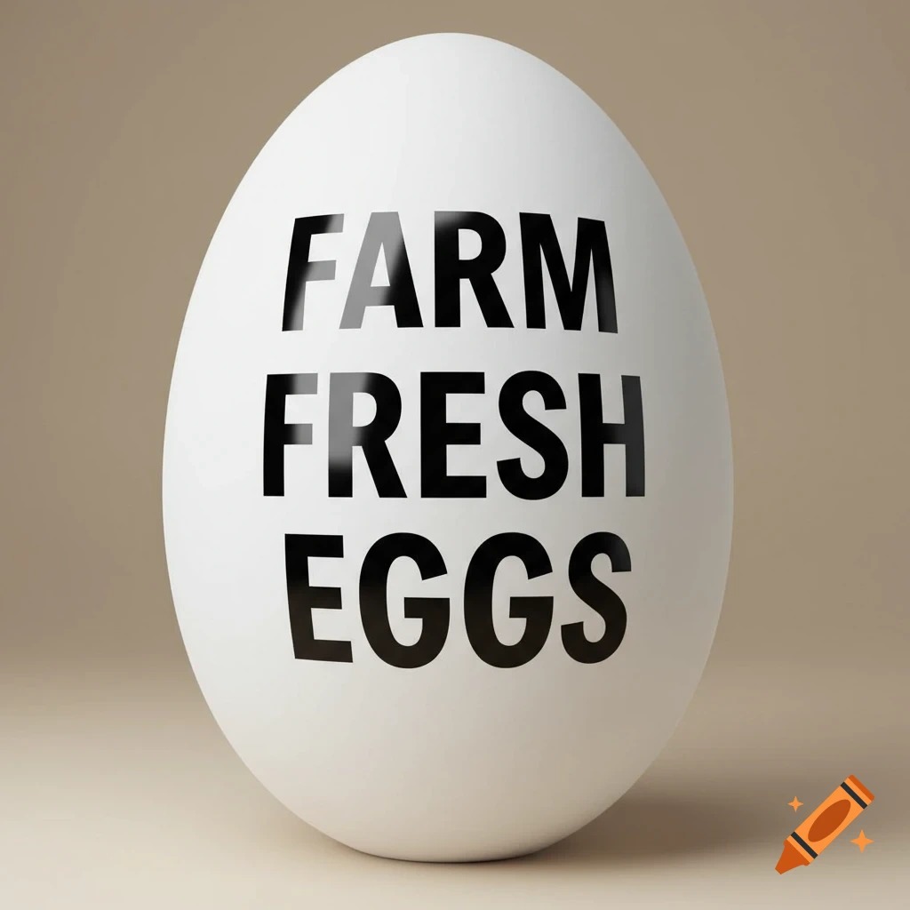 A white egg with the text 'Farm Fresh Eggs' on it. on Craiyon