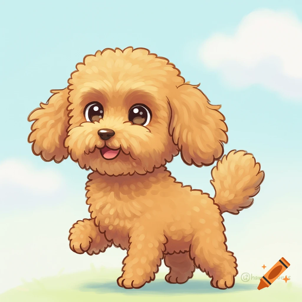 Cute cartoon goldendoodle puppy standing on grass on Craiyon
