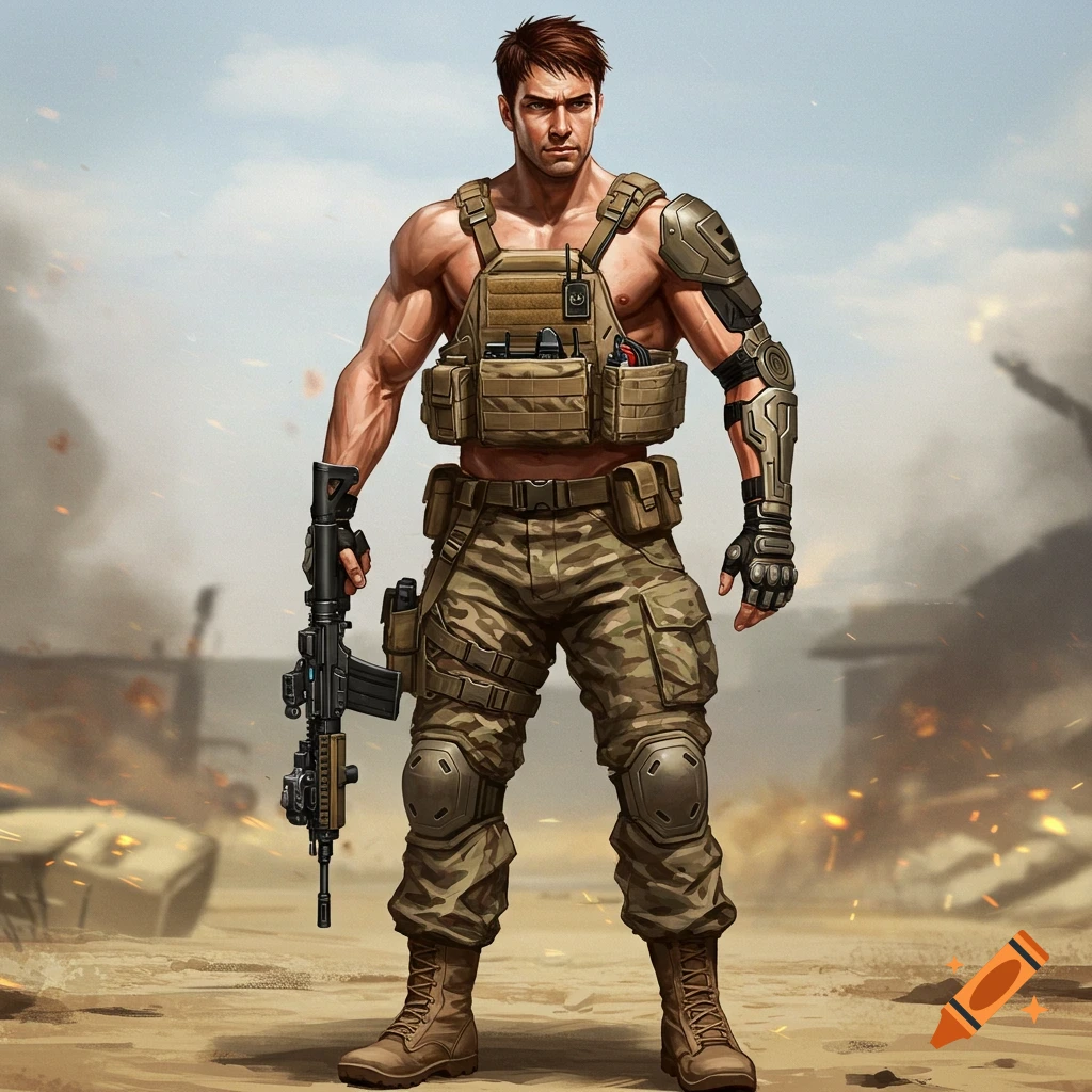Buff Russian soldier with tactical gear and helmet, no shirt on Craiyon