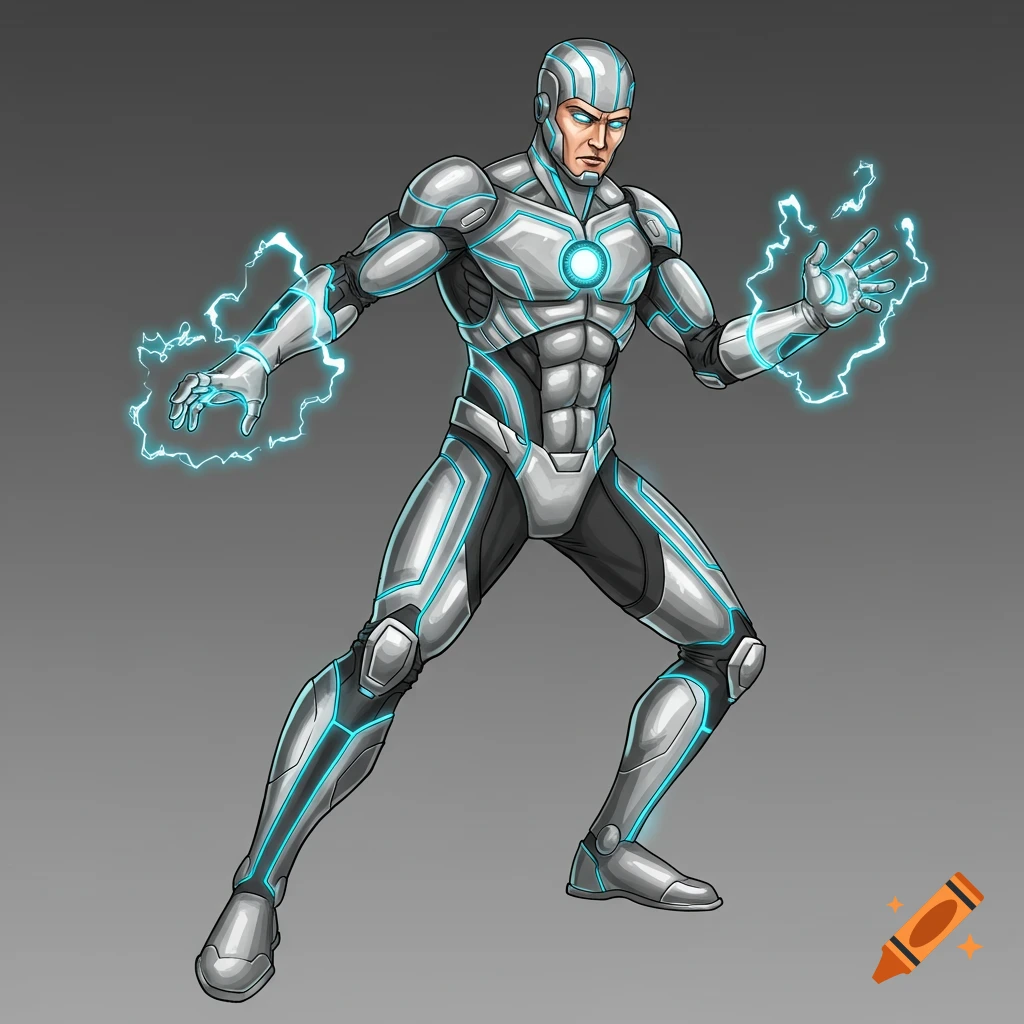 Superhero manipulating energy with hands, silver and electric blue high ...