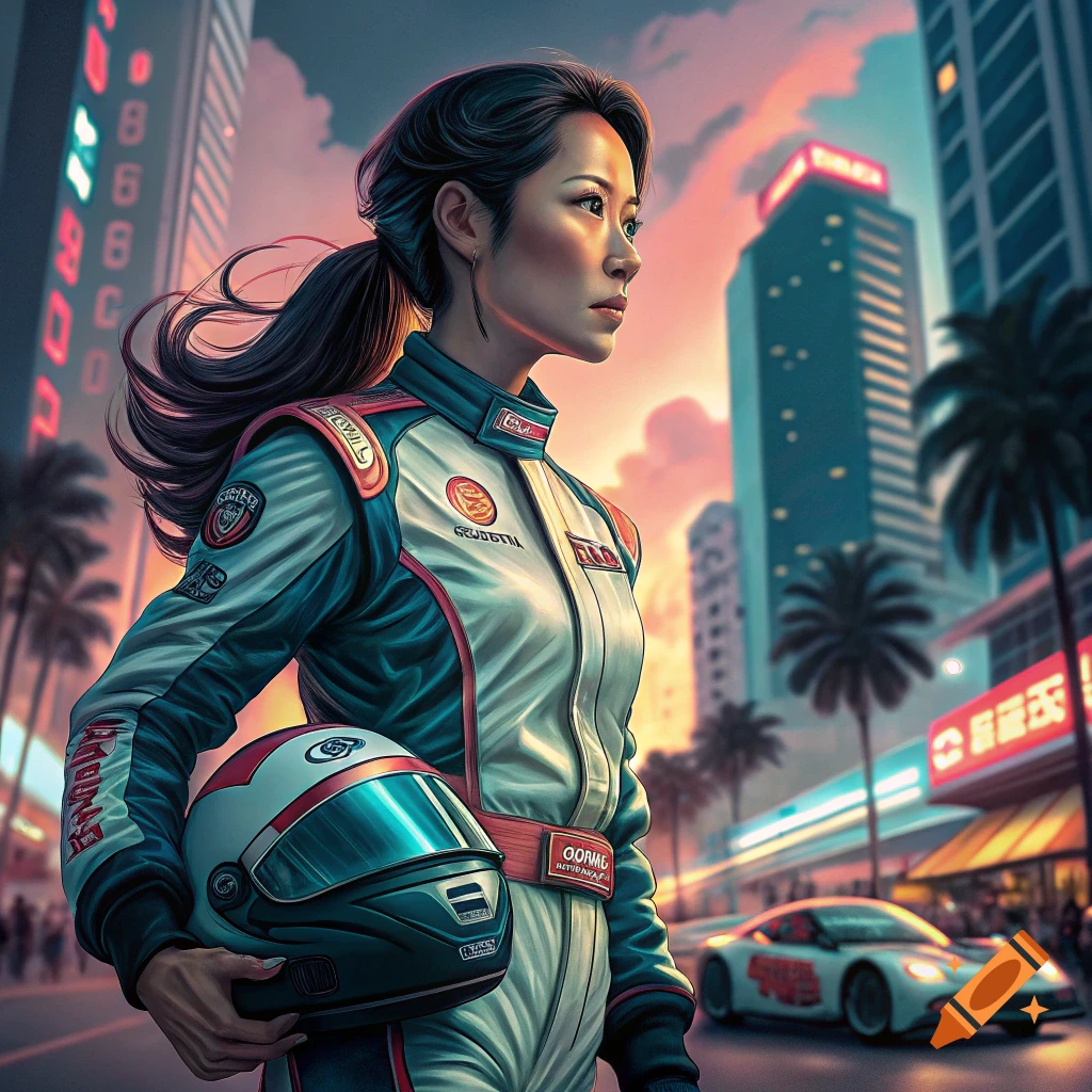 Woman in a racing suit holds a helmet in a city street at sunset with a ...