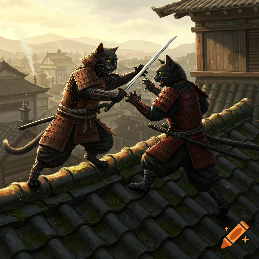 Two samurai cats fighting with swords on a Japanese rooftop. on Craiyon