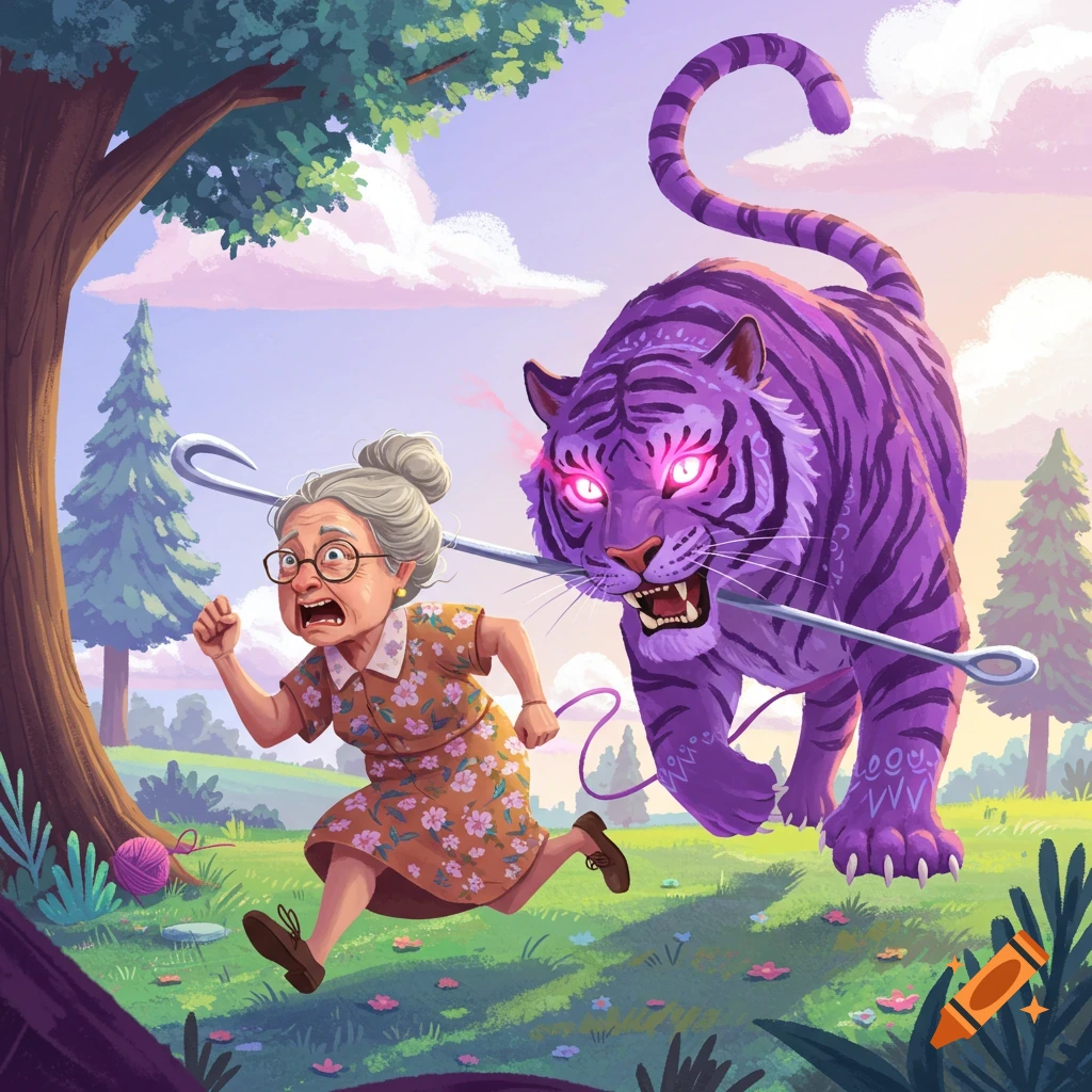 Evil grandma running from a purple tiger with knitting needle on Craiyon
