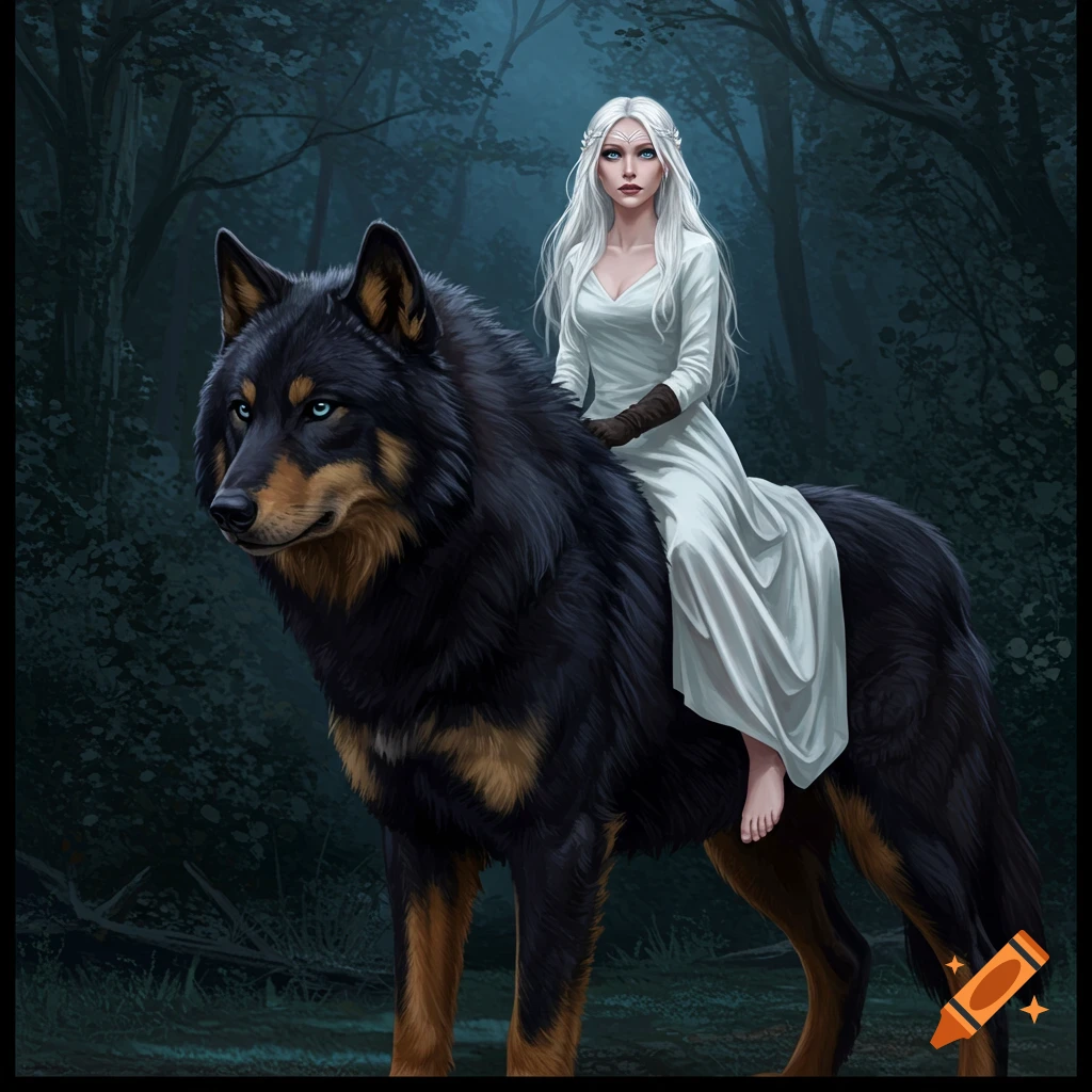 A silver-haired woman rides a large black wolf through a dark forest ...