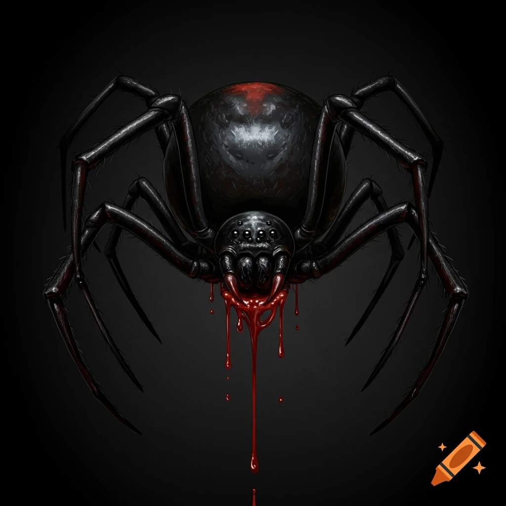 A black widow spider with blood dripping from its mouth. on Craiyon