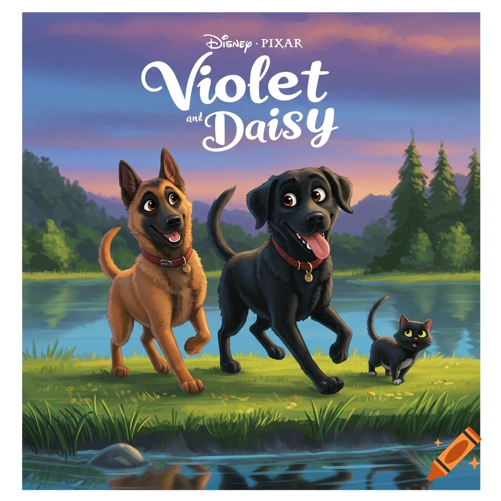 Disney Pixar style movie poster with a brown dog, black dog, and black ...