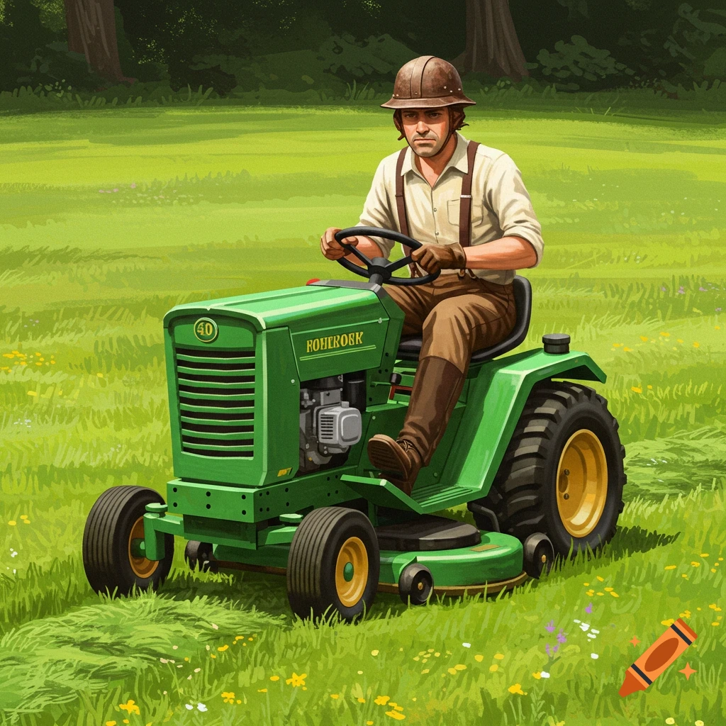 Man riding a green mower with helmet and suspenders on Craiyon