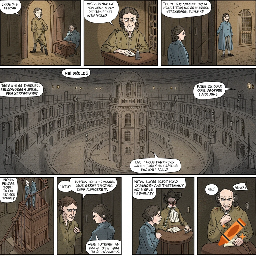 Comic illustration of Jeremy Bentham's Panopticon with six distinct ...