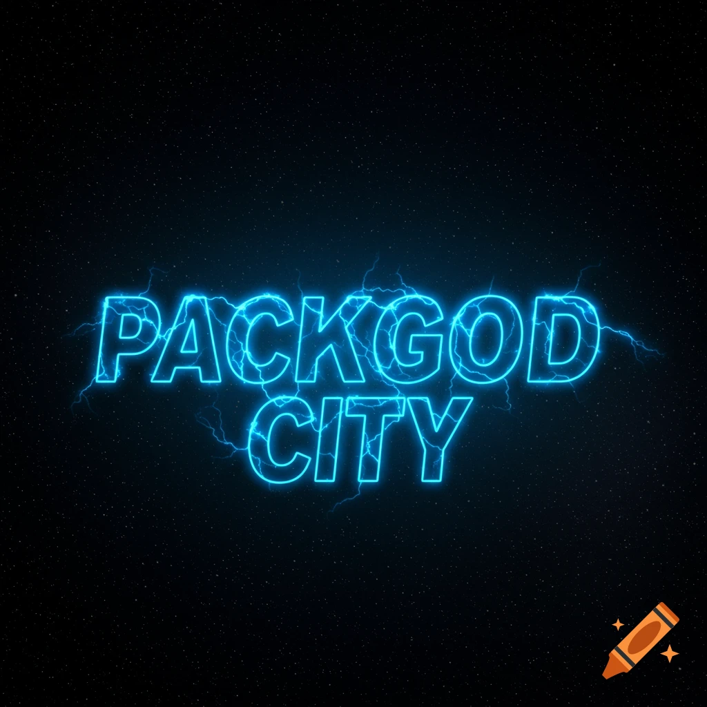 Blue lightning font spells PACKGOD CITY on a starry background. on Craiyon