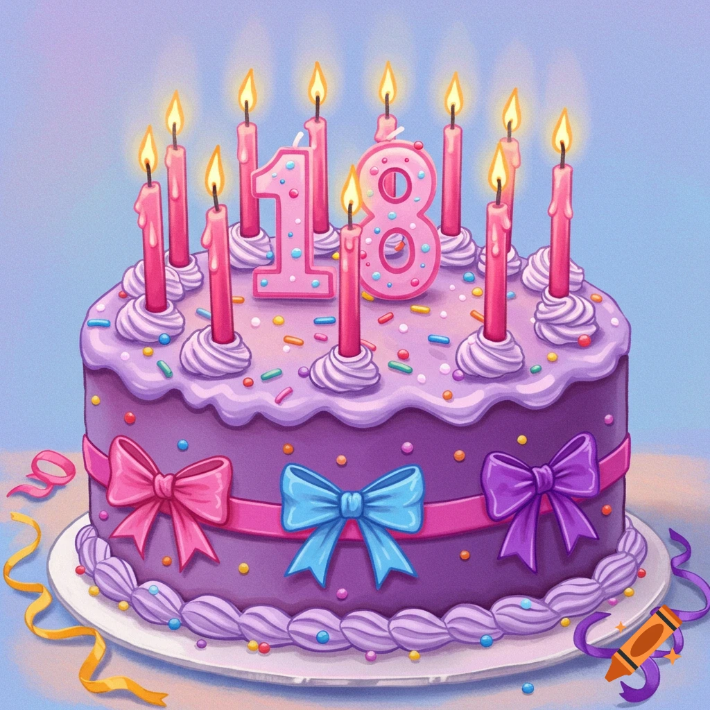 Purple birthday cake with bows, ribbons, and 18 candles on Craiyon