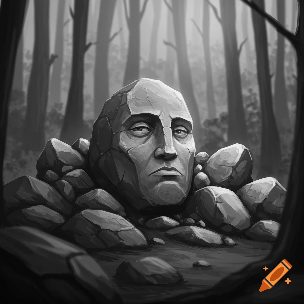 Black and white image of a bored face stuck in a rock pile in a forest ...
