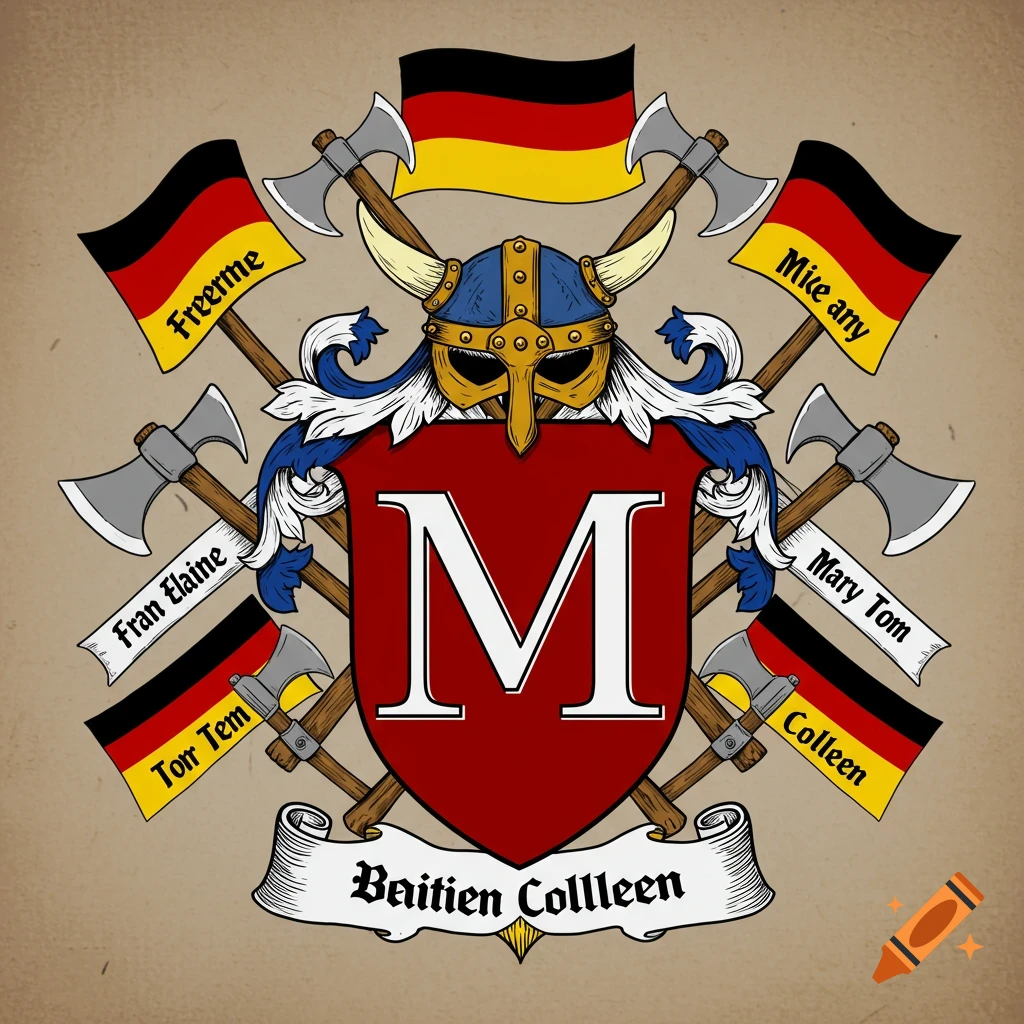 Family crest with Viking helmet, axes, German flag, family names, and ...