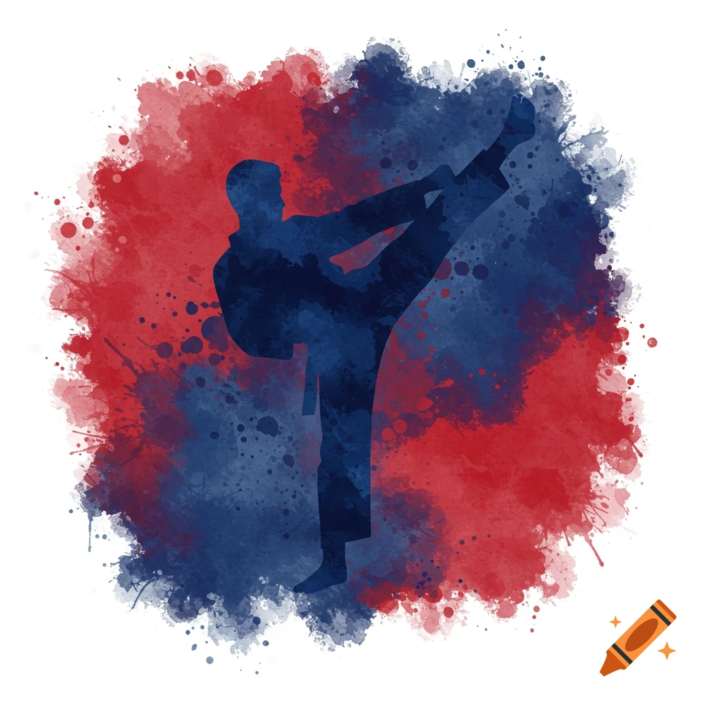 Blue, black, and red silhouette of a taekwondo side kick, watercolor style on Craiyon