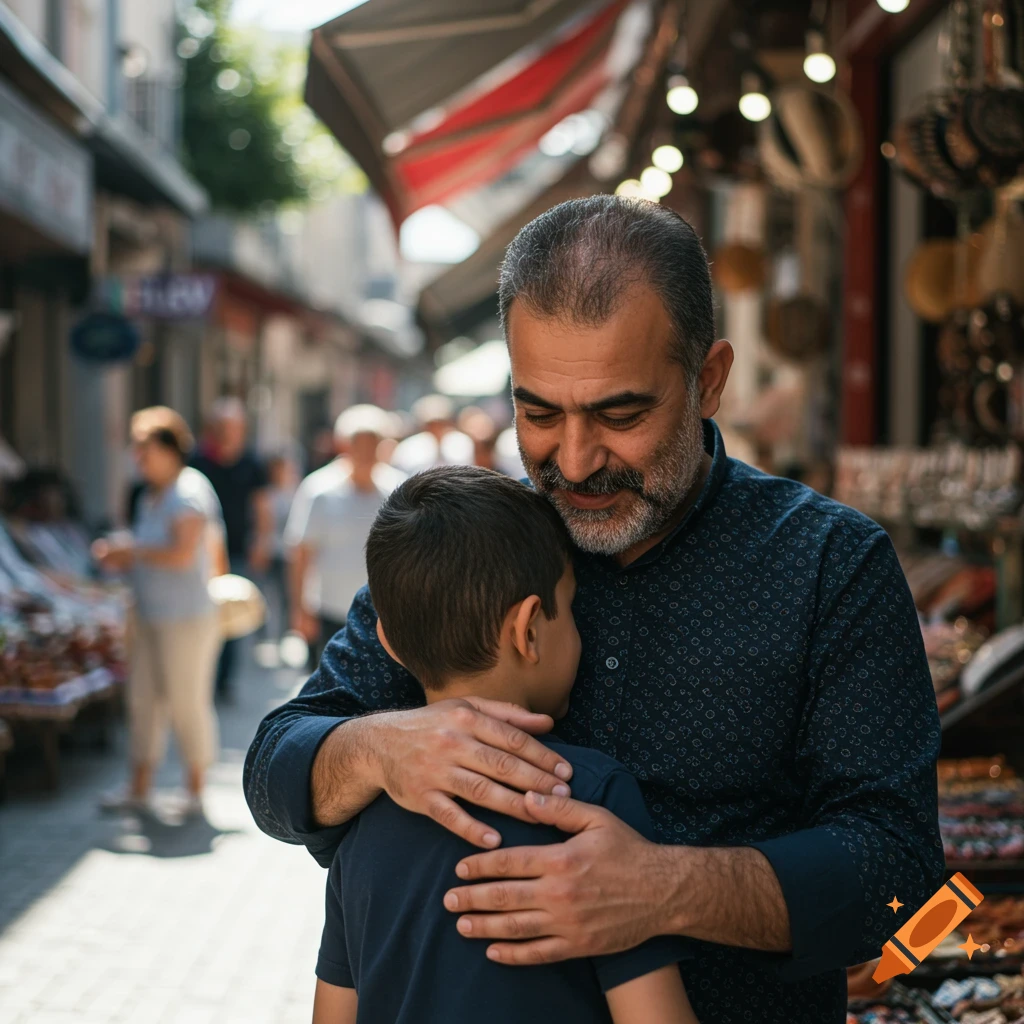 A father embraces his son in a sunny, bustling market scene. on Craiyon
