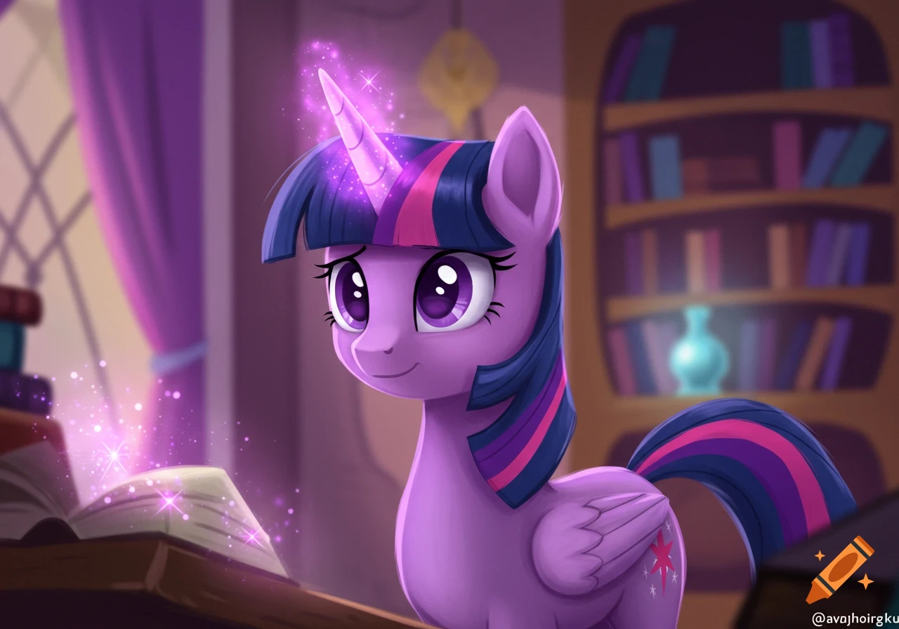 Purple cartoon pony looking at a glowing magic book. on Craiyon