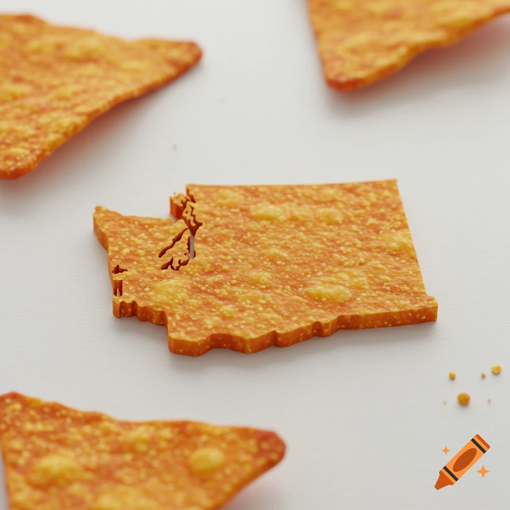 Nacho cheese Dorito shaped like Washington state, photorealistic on Craiyon