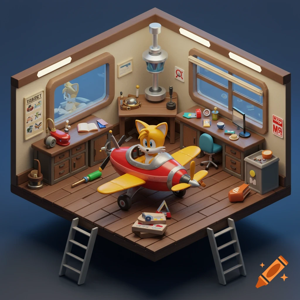 3D isometric render of Tails's lab from Sonic the Hedgehog, featuring ...