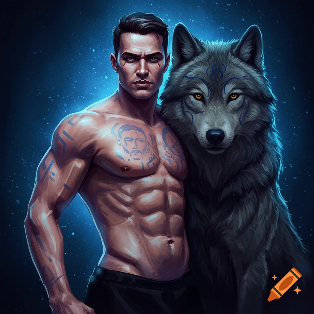 Man, half human, half wolf, with human face tattoo on Craiyon