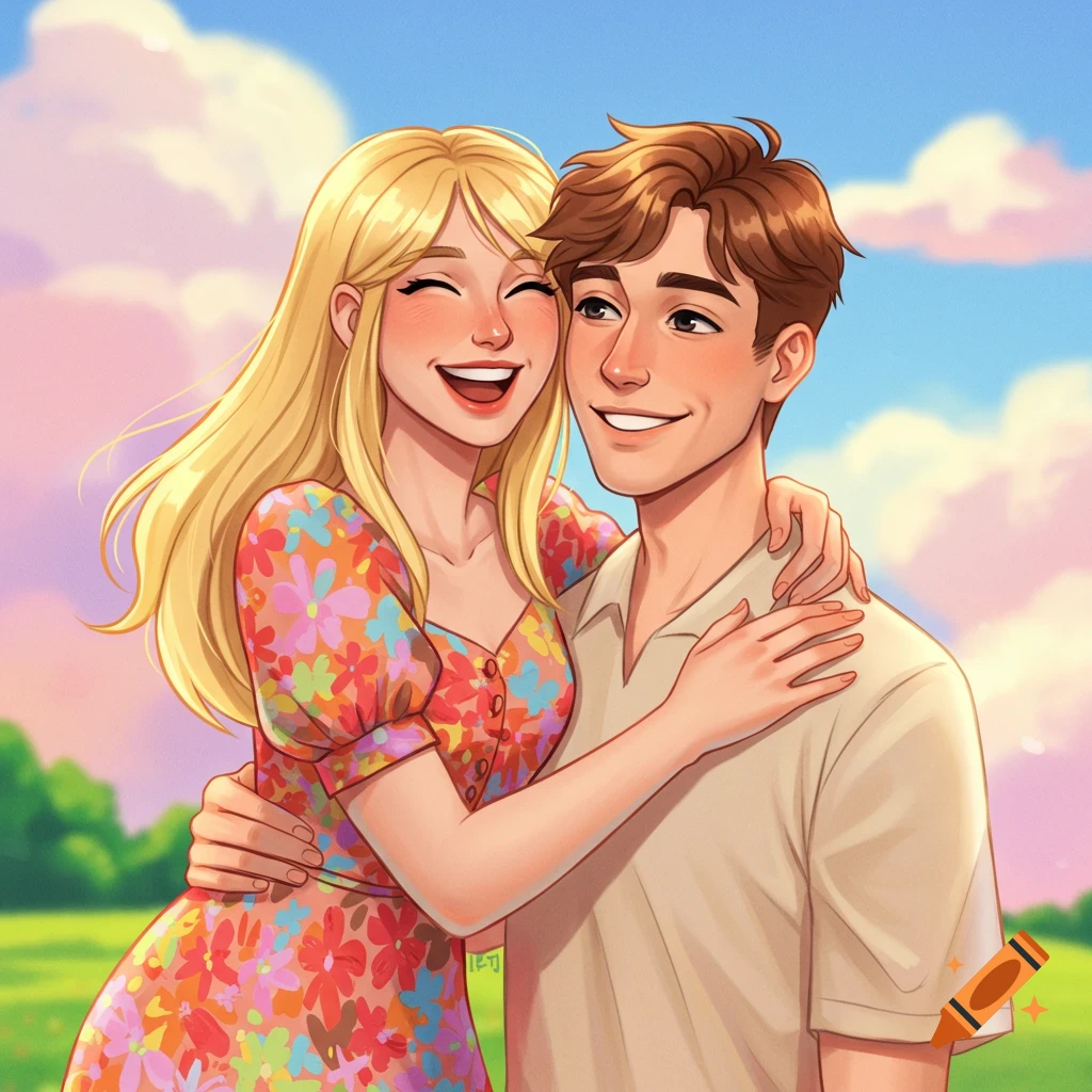 Blonde girl smiling, held by a brown-haired guy on Craiyon