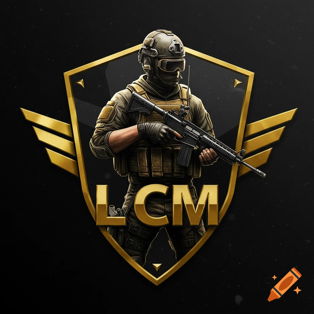 Gold and black logo with a tactical soldier holding a rifle and the ...
