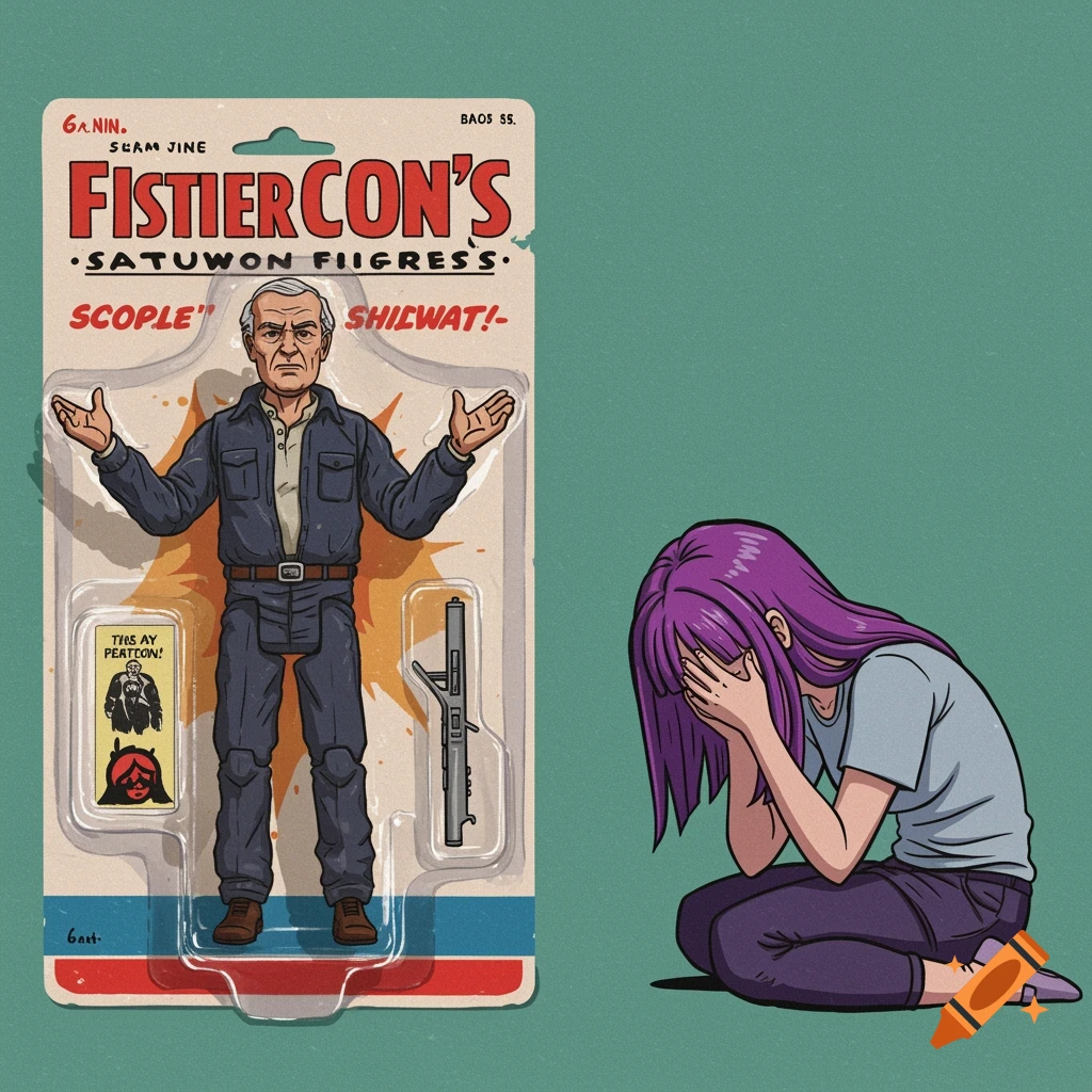 Action figure in package with old white guy making purple-haired teen ...