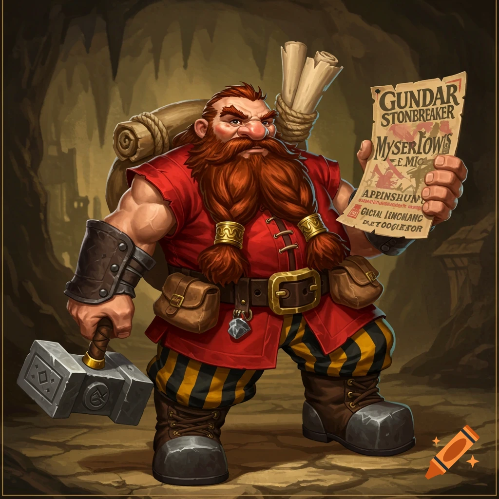 Gundar Stonebreaker dwarf with hammer and posters on Craiyon