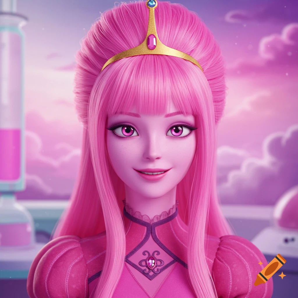 3D rendering of Princess Bubblegum smiling, pink hair and dress, cloudy pink and purple sky on ...