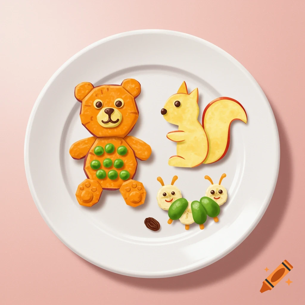 Toddler food arranged in animal shapes on Craiyon