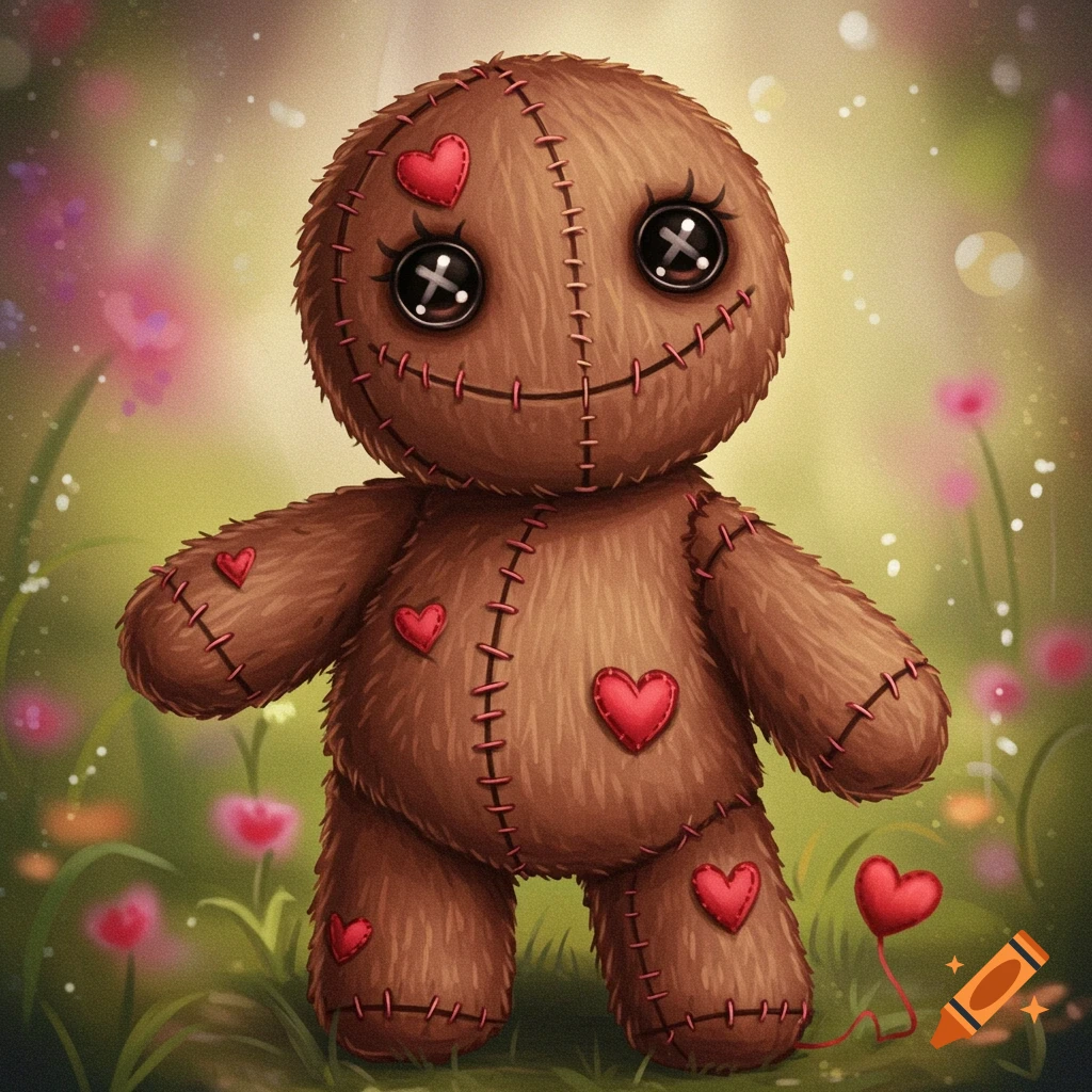 Cute brown crochet ragdoll puppet with hearts and stitches on Craiyon