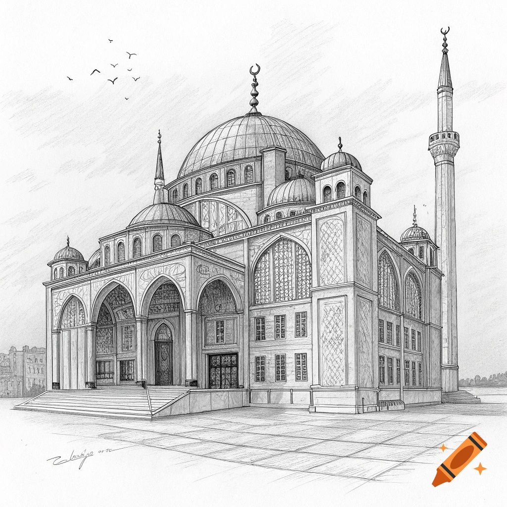 Detailed pencil sketch of a large mosque with domes, arches, and a tall ...