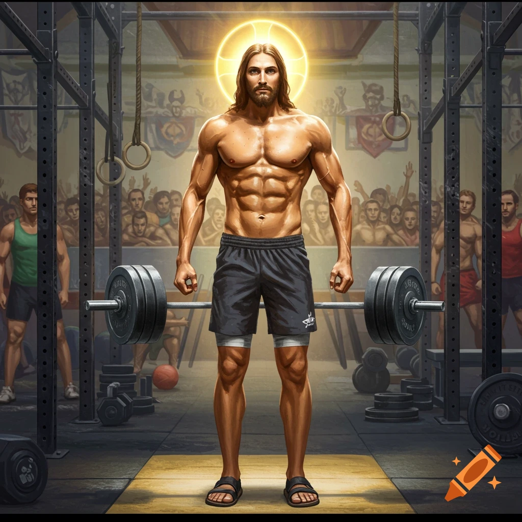 Muscular Jesus figure with a halo standing in a gym. on Craiyon