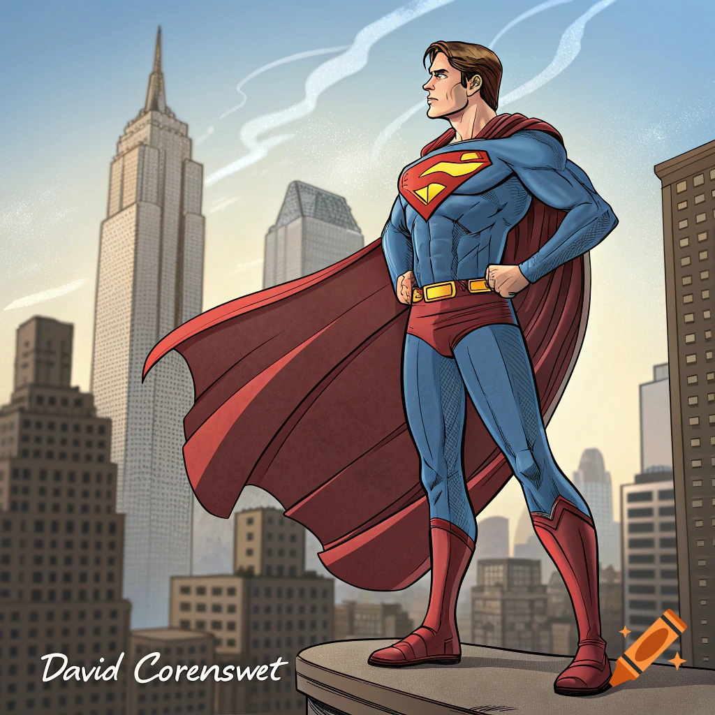 A comic book illustration of Superman in his classic red and blue suit ...