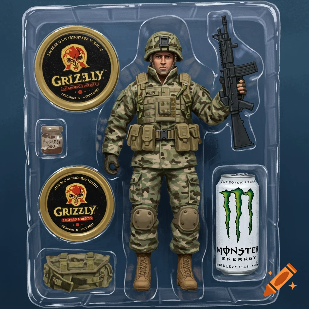 Digital painting of a military action figure in packaging with rifle ...