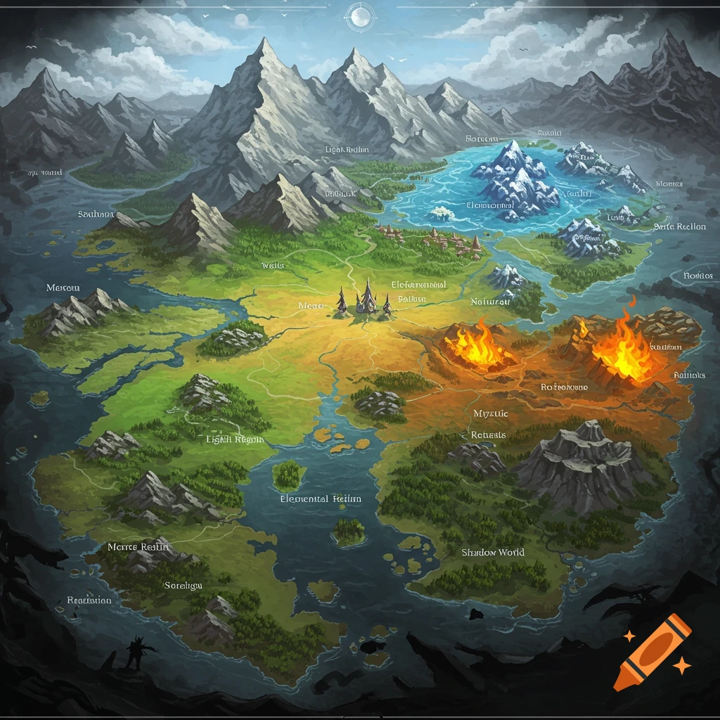 World map with distinct realms: Mere, Light, Elemental, Mystic, and ...