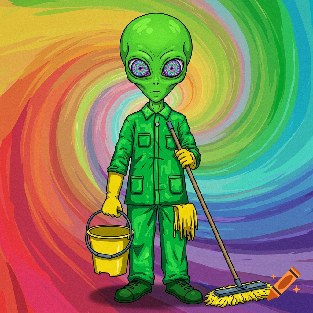 Cartoon illustration of a green alien janitor with swirling eyes ...