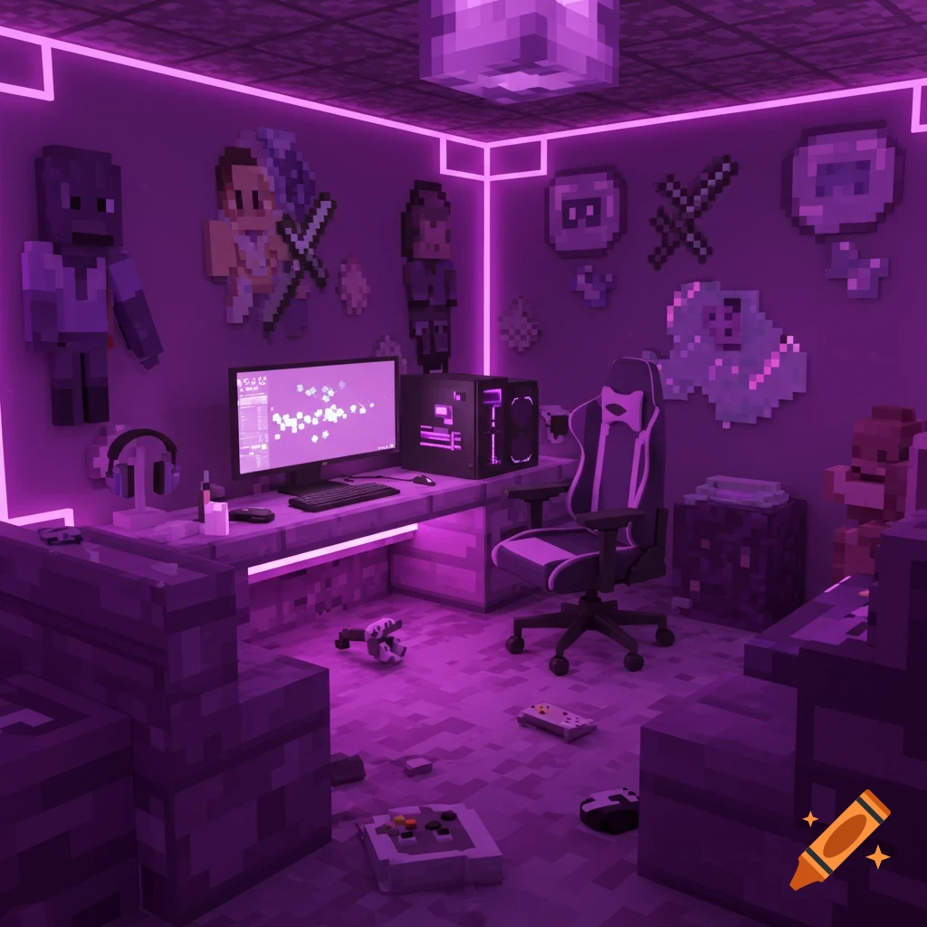 Purple themed gaming room in a cartoon style on Craiyon