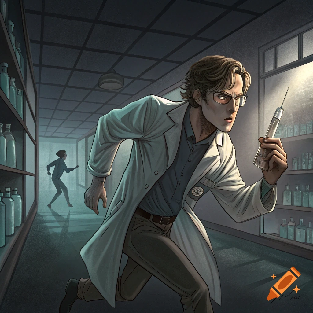 Illustration of a man in a lab coat running with a large syringe ...
