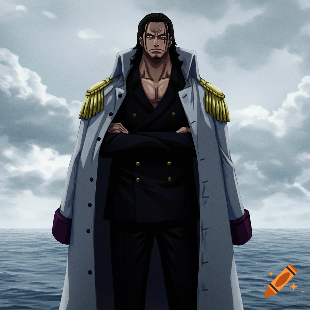 One Piece Admiral with navy coat, dark hair, and black eyes on Craiyon