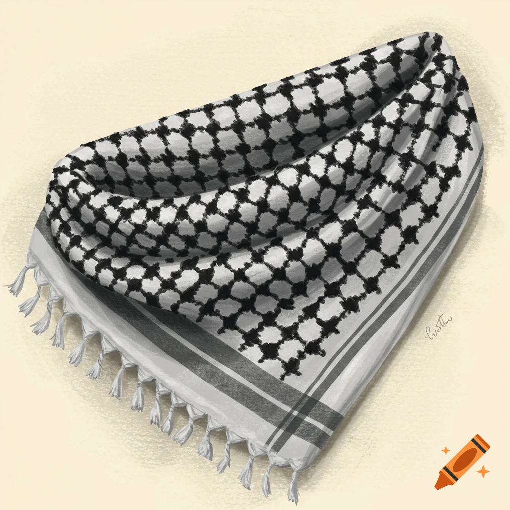 A folded black and white patterned Keffiyeh scarf with fringes. on Craiyon