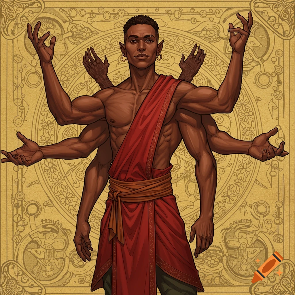 A man with multiple arms wears red robes against an ornate golden ...