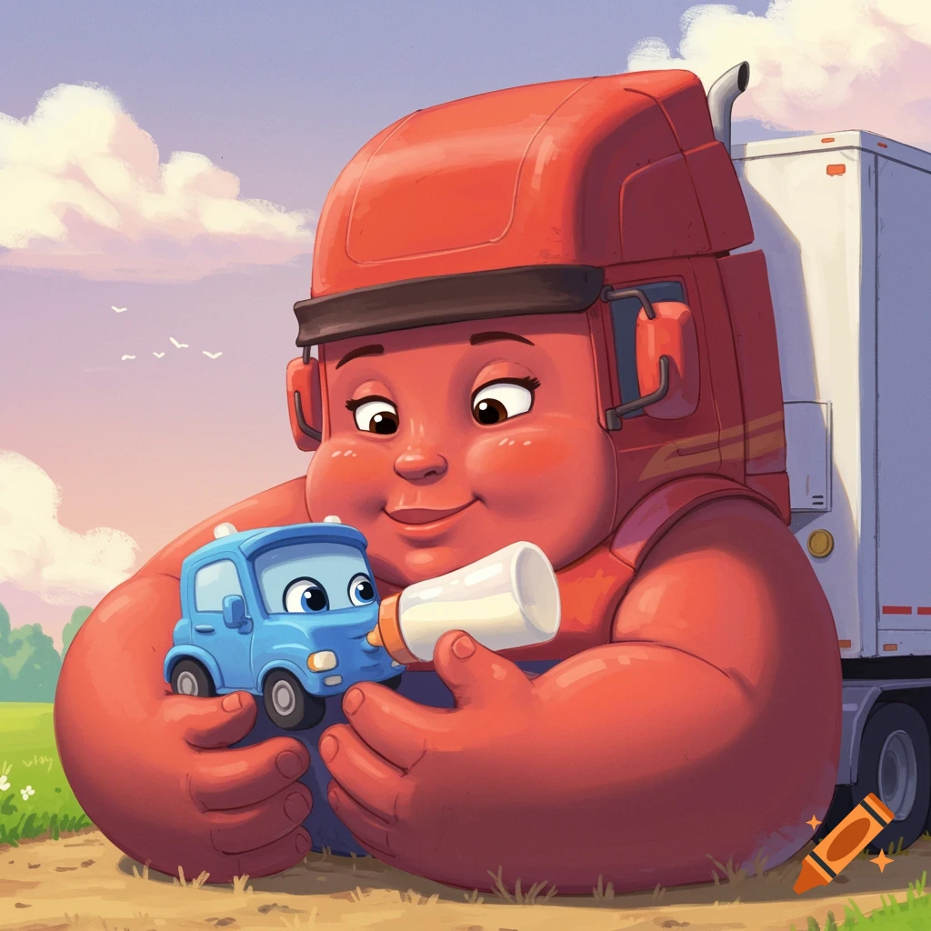 A cartoon mother truck bottle-feeding a baby truck in a field. on Craiyon