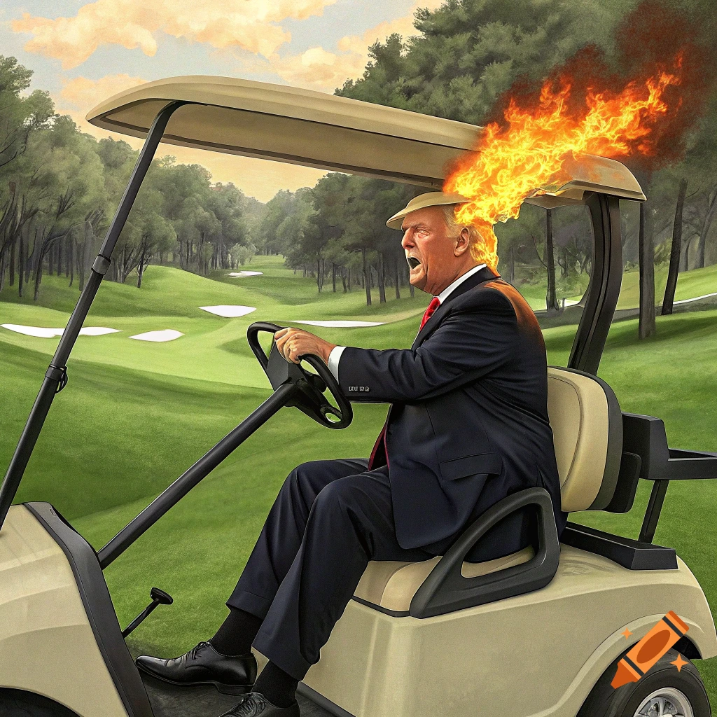 Donald Trump with hair on fire driving a golf cart on Craiyon