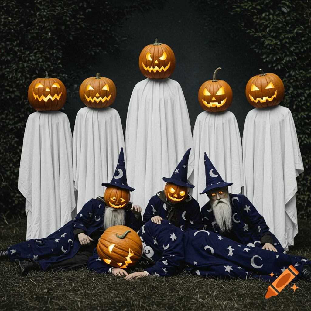 Victorian era photo of sheet ghosts with jack-o-lantern heads over ...