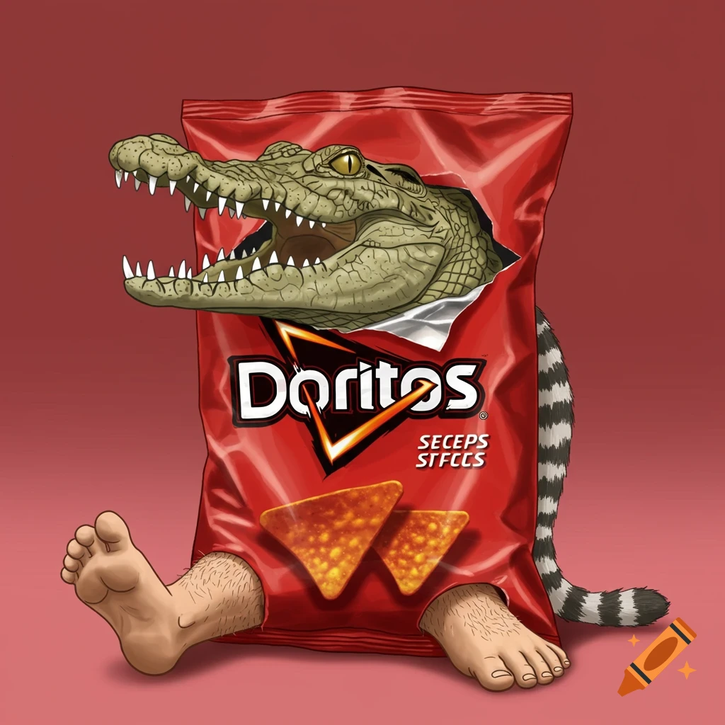 Crocodile head in Dorito bag with cat tail and hairy human feet on Craiyon