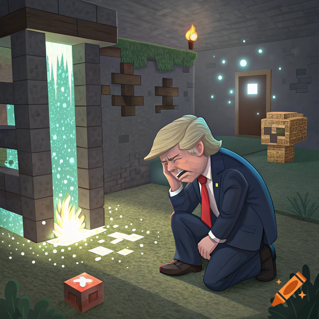 Donald Trump crying in front of failed Minecraft Aether portal on Craiyon