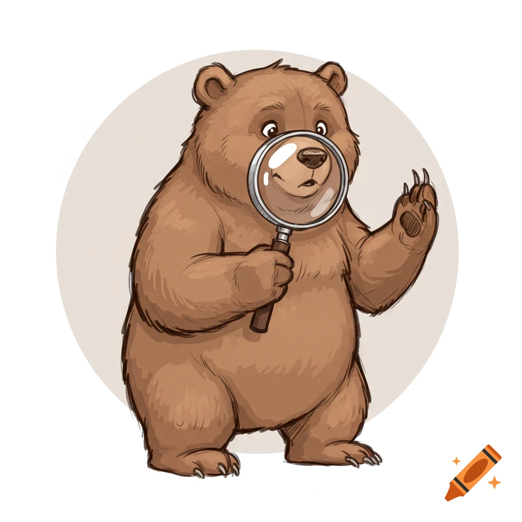 A cartoon bear holding a magnifying glass in a sketch illustration style. on Craiyon