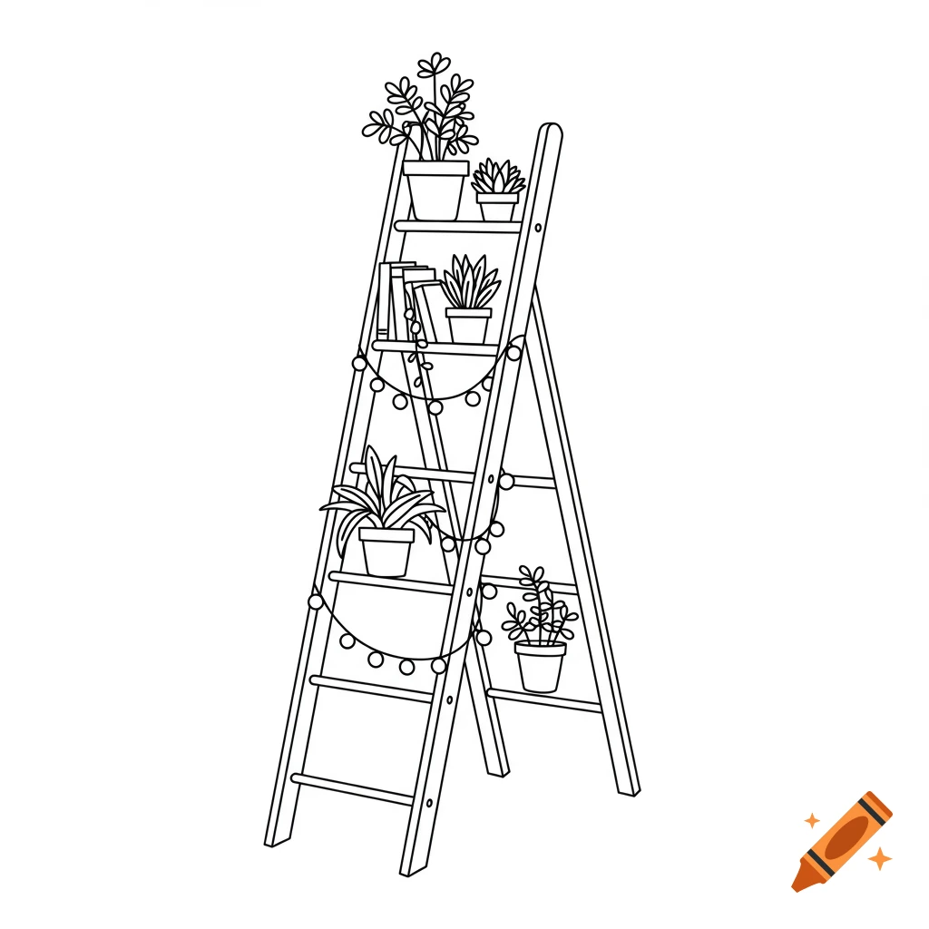 Bookshelf ladder with plants and lights, line art on Craiyon